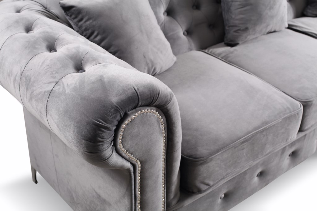 Chesterfield GreyPlush 3 seater Sofa